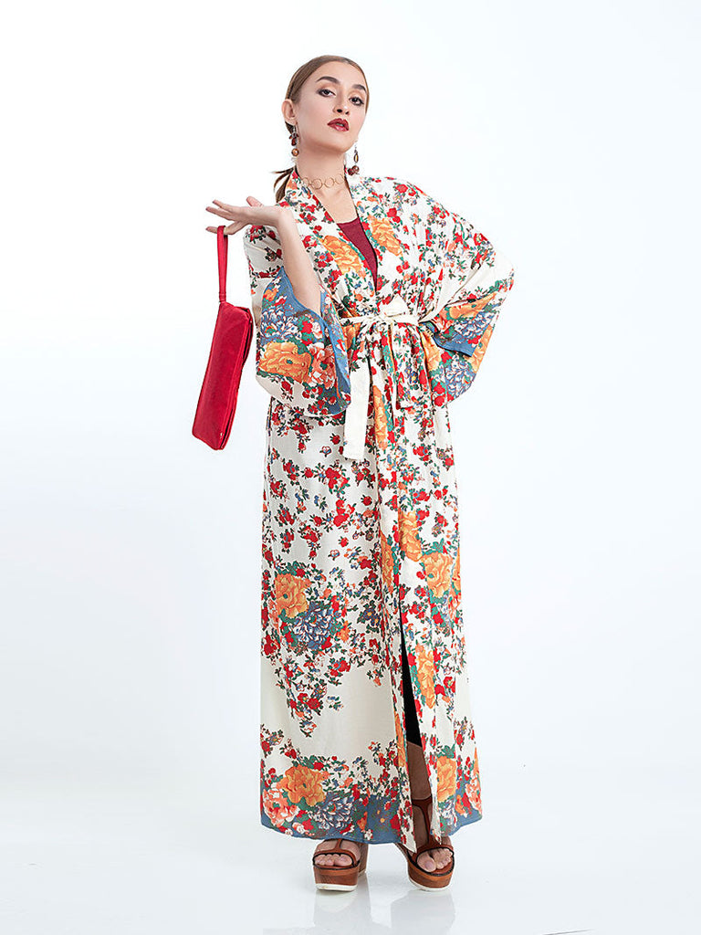 Beachwear Kimono Floral Bohemian Print Beige Color Cotton Long Length ...