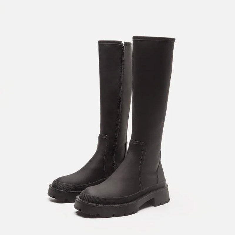 Toe Panel Trim Chunky Platform Knee High Boots - Black – Fiel Shop