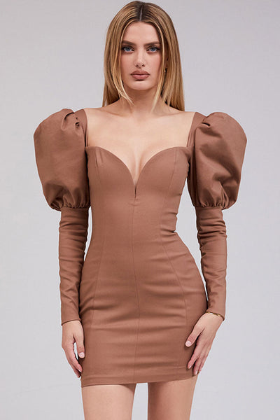 Puff Sleeve Deep V Bodycon Cocktail Party Mini Dress - Coffee – Fiel Shop